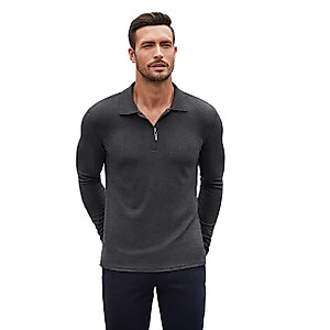 COOFANDY Men's Long Sleeve 1/4 Zip Polo Shirts Slim Fit Basic Designed Muscle Fit T Shirts Dark Grey