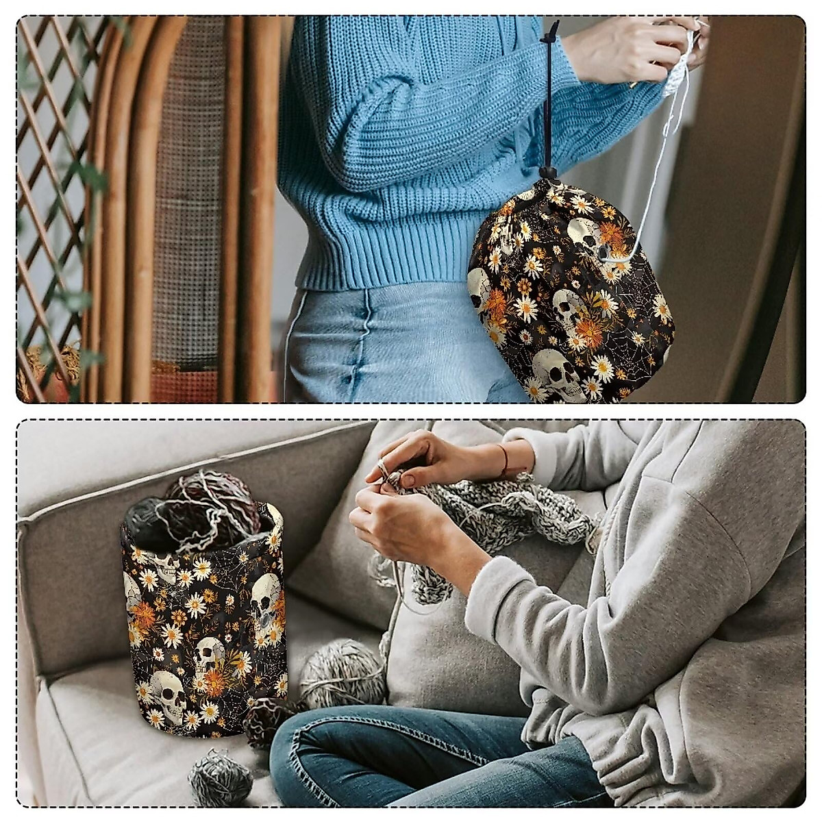 Sellikakes Daisy Skull Yarn Bag,Crochet Tote Knitting Bag Yarn Storage Organizer Holder Case for Crochet Hooks Needles Knitting Kit for Beginners