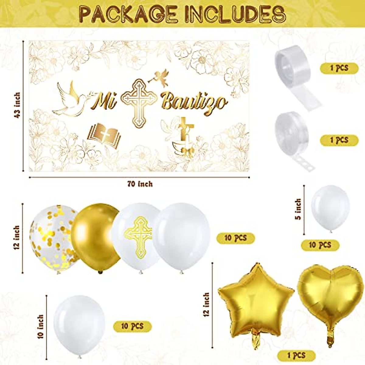 66 Pcs Baptism Party Decorations Mi Bautizo Backdrop Balloons Arch Garland Baptism Backdrop Gold Balloons for Boys Girls First Holy Communion Christening Celebration Accessories Photo Background