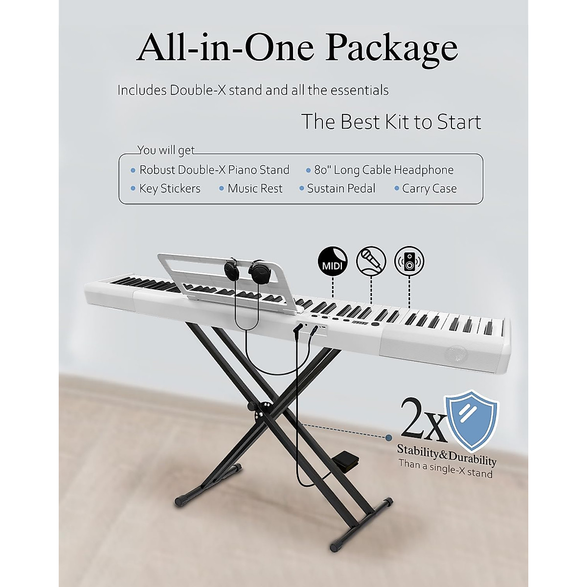 Longeye Piano Keyboard 88 Keys Compact Digital Piano for Beginners with Full Size Semi Weighted Keys, Sustain Pedal, Headphones, Carrying Case (88 Key With Stand, Black)