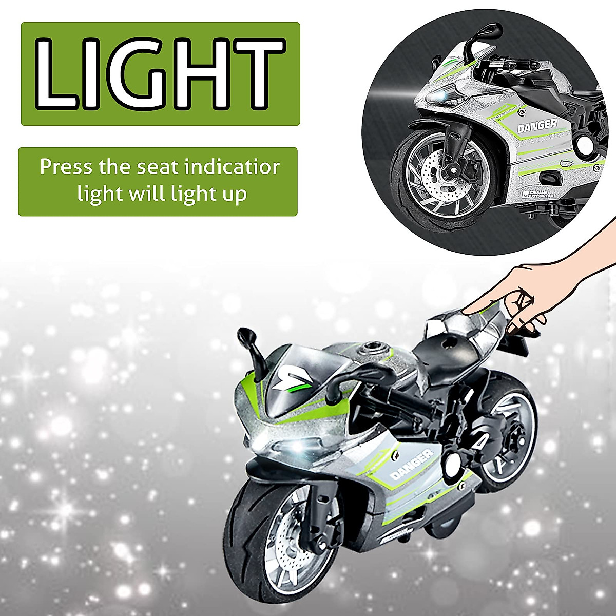 CYYSFIVQZ Toy Motorcycle-Pull Back Motorcycle Toy with Sounds and Lights,1:12 Scale Motorcycle Model Toy for Kids, Pull Back Vehicle for Boys Kids Age 3+ Year Old Supplies (Silver Gray)