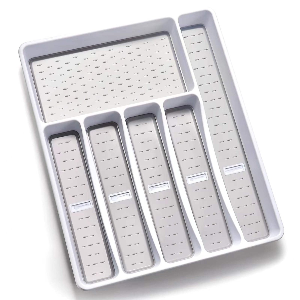 Joequality Silverware Organizer with Icons，Plastic Cutlery silverware Tray for Drawer，Utensil Tableware Flatware Organizer for Kitchen with Non-slip TPR,Fits Oversized Drawer,6-Compartment，Grey