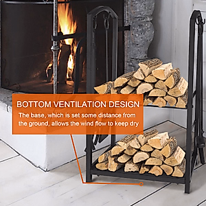 Babylon Fireplace Tools Log Rack Set with 4 Piece Tools Wrought Iron Black Fireplace Tools Firewood Holder Carrier Storage Rack with Brush Shovel Poker Tongs for Indoor Outdoor