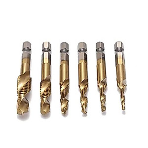 6 Pcs Titanium Combination Drill Tap HSS Bit Set,3 in 1 Drilling Tapping Burr Bit Set Screw Tapping with 1/4 Inch Hex Shank for Alloy, Wood, Plastic, Soft Metal, Etc.M3-M10（Long Handle