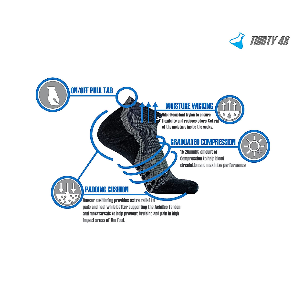 Thirty48 Performance Compression Low Cut Running Socks for Men and Women | More Compression Where Needed ([3 Pair] Black/Gray, Large - Women 9-10.5 // Men 10-11.5)