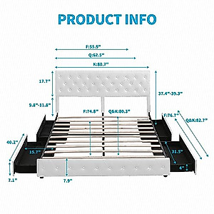 Mjkone Upholstered California King Platform Bed Frame with 4 Storage Drawers, PU Leather Modern Bed Frame with Adjustable Headboard, Button Tufted Design/No Box Spring Needed/Easy Assembly (White)