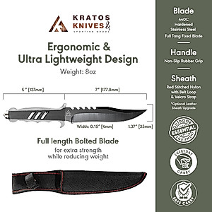 Fixed Blade Hunting Knife with Sheath, 12" Bushcraft Knife Full Tang, Stainless Steel EDC Fixed Blade Knife with Sheath, Rubber Handle by Kratos - ZF5