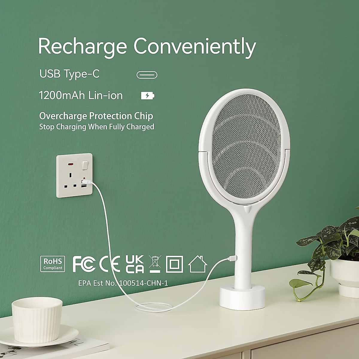 Rotating Head Rechargeable Electric Fly Swatter Racket Bug Zapper Racket Mosquito Zapper Indoor Bug Zapper Fruit Fly Zapper Spider Killer Gnat Trap Wasp Catcher, with a Telescopic Extension Wand