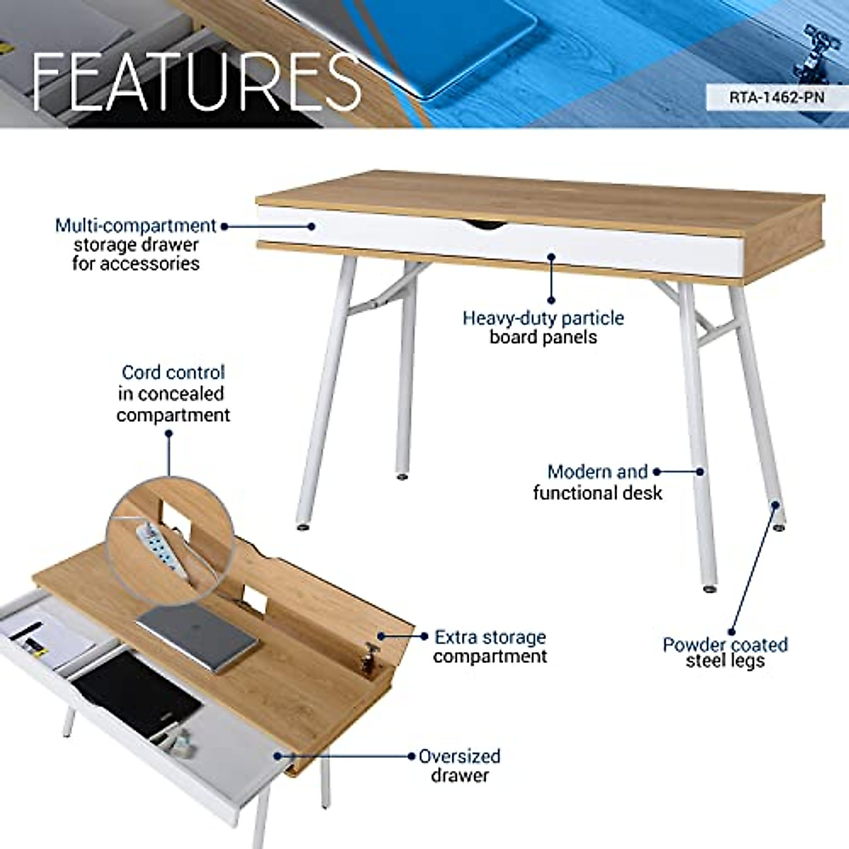 Techni Mobili Modern Multi Computer Desk with Storage, 30" x 21.7" x 45.3", Pine