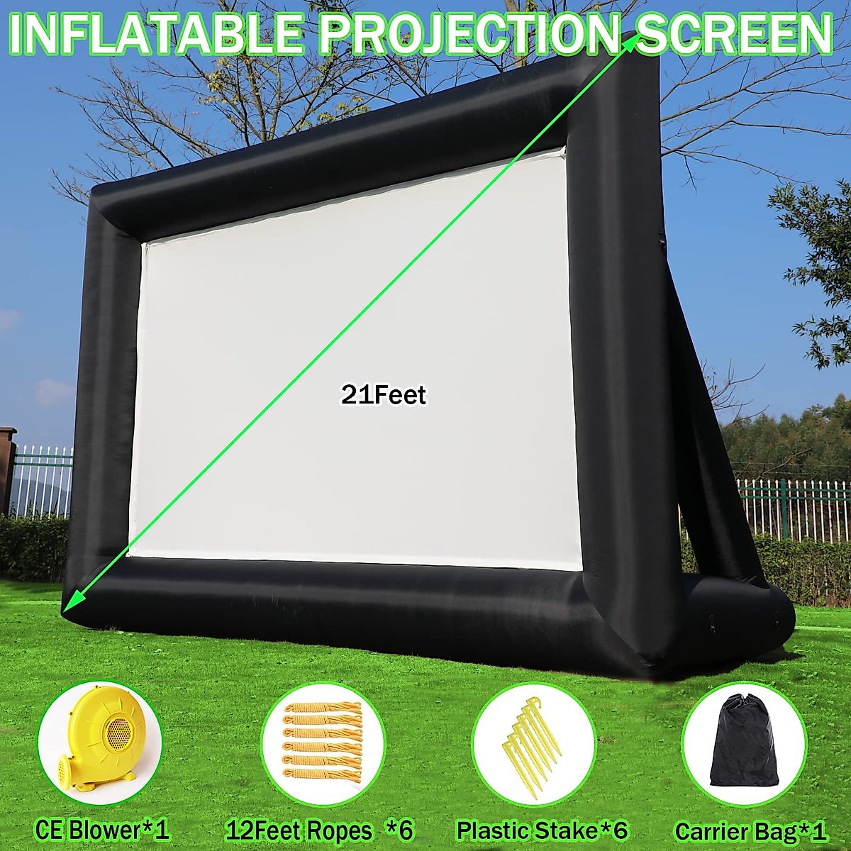 staelea 21ft Inflatable Projector Movie Screen for Outside and Indoor Theater Projector Screen，Supports Front and Rear Projection，Includes a Powerful Fan, Strapping, Repair Kit and Storage Bag
