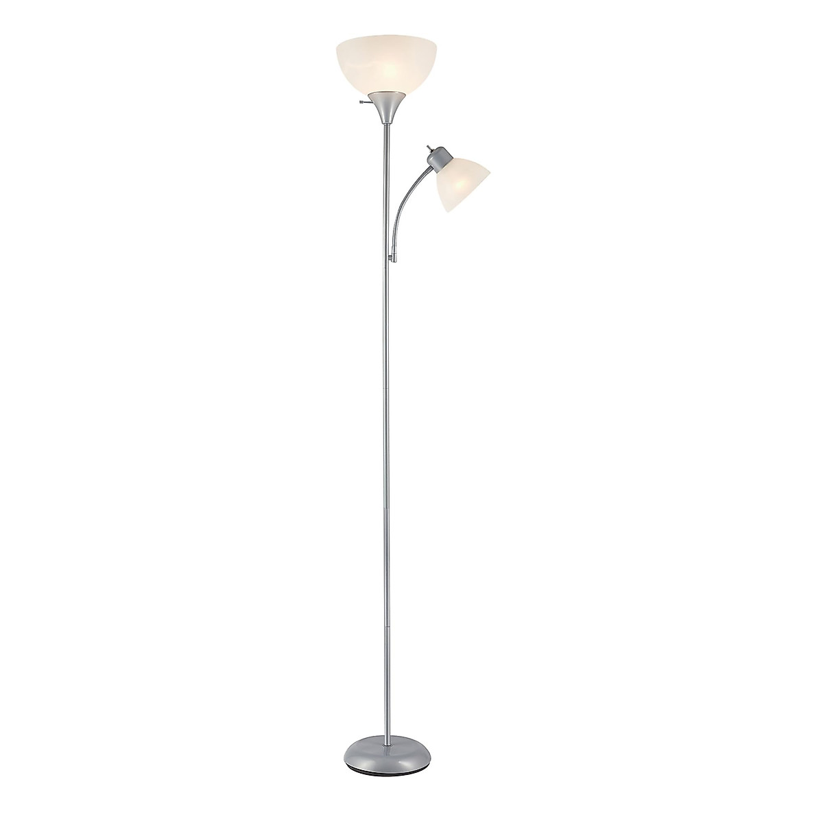 Globe Electric 67134 72" Torchiere Floor Lamp + Adjustable Reading Light, Silver, Frosted Plastic Shade, 3-Step Rotary Switch on Socket, Living Room Décor, Reading Light, Home Essentials, Bedroom