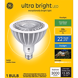 GE Ultra Bright LED Light Bulbs, 250 Watt, Daylight, PAR38 Floodlights