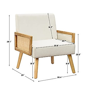 MELLCOM Beige Rattan Chair, Mid Century Modern Accent Chair, Upholstered Chairs with Bamboo Knitting and Solid Wood Legs, Comfy Linen Fabric Armchair for Club, Living Room, Bedroom,Beige-26.4''w