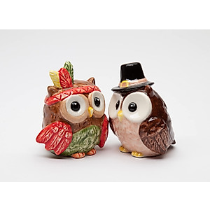 Fine Ceramic Thanksgiving Pilgrim & Native American Indian Owl Salt & Pepper Shakers Set, 2-7/8" H