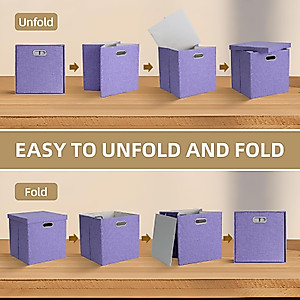 ORGMASTER Stackable Fabric Storage Bins with Lids, 13 x 13 Storage Cubes, Collapsible Bins Cube Storage Organizer Boxes Containers Baskets for Home, Office, Closet, Shelves, 4-Pack, Purple