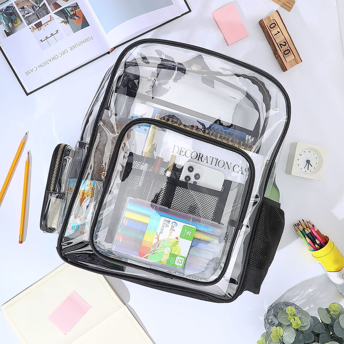 Large Clear Backpack Heavy Duty PVC Plastic Backpack Transparent Book Bag See Through Work Bag for Stadium, School, Travel, College (Black)