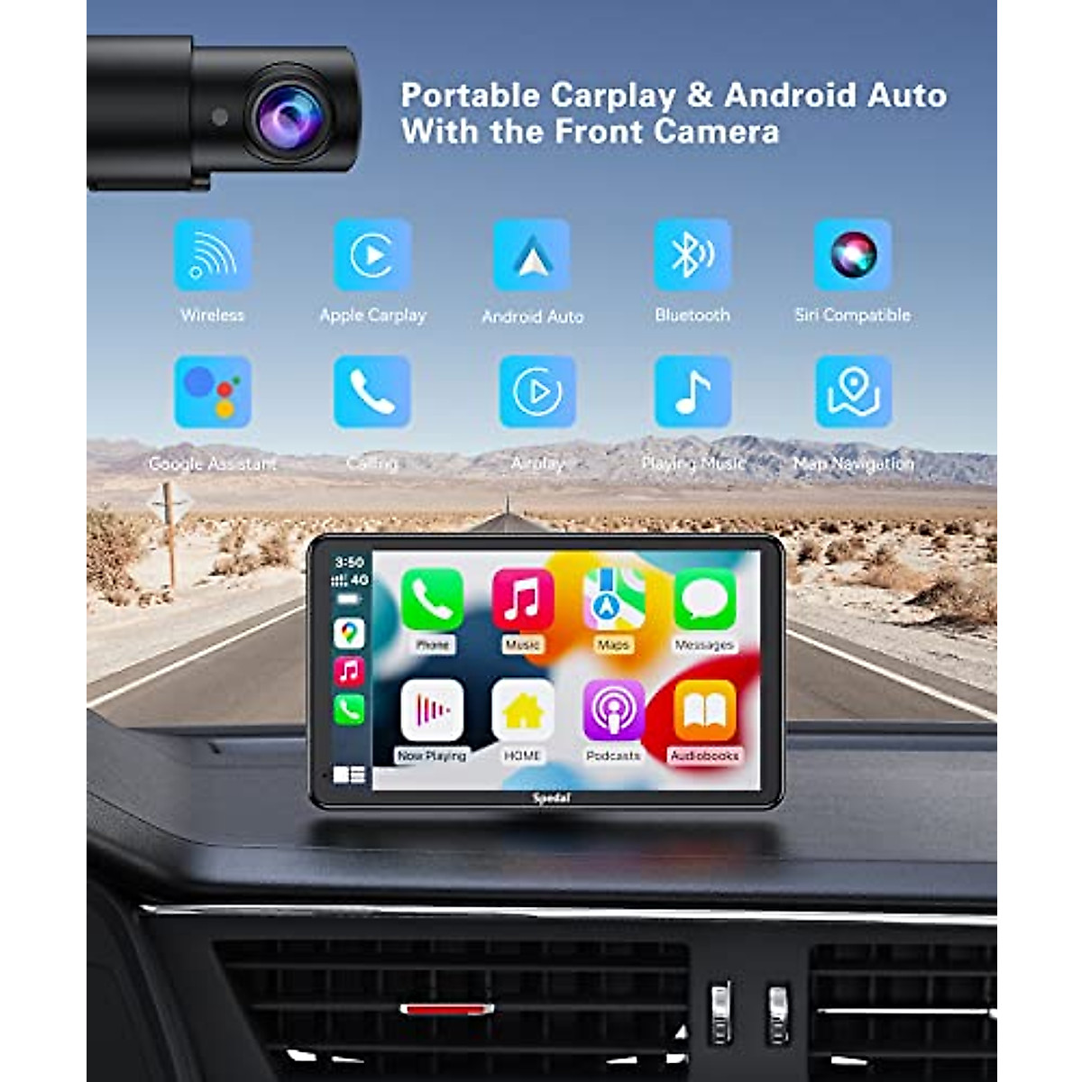 Spedal Wireless Apple Carplay & Android Auto, Portable 7 Inch IPS Touchscreen Car Stereo with Front Camera, Bluetooth Handsfree, WiFi, AirPlay, AUX/FM Transmitter Supports Most Car Models