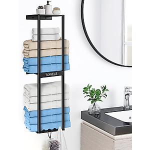 Bathroom Towel Storage Rack, Wall Towel Rack for Rolled Towels, 3 Tier Towel Holder Shelf with 4 Hooks for Small Bathroom, Matte Black