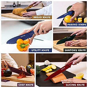 Knifecraft 12-Piece Color Coded Kitchen Knife Set, Non-Stick Ceramic Coated Stainless Steel with 6 Blade Guards, Dishwasher Safe, Perfect for Gifting