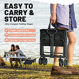 LUXCOL Collapsible Folding Outdoor Utility Wagon,Beach Wagon Cart with All Terrain Wheels & Drink Holders,Portable Sports Wagon for Camping, Shopping, Garden and Beach