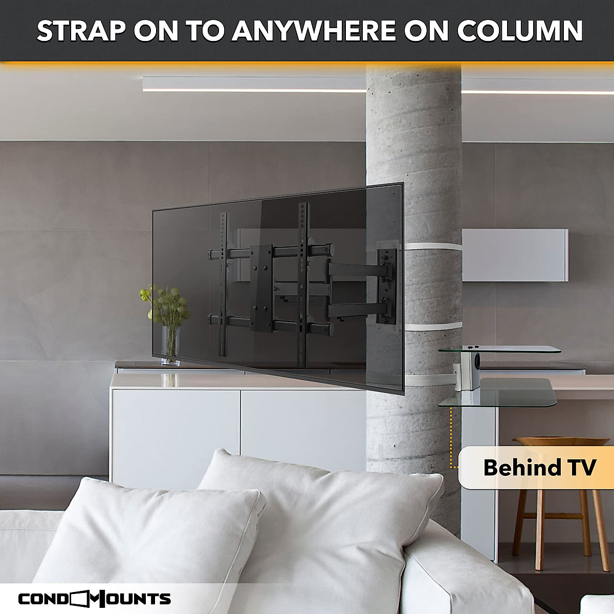 CondoMounts CLMDLSW1002 Pillar & Wall Floating Shelves for Soundbars, Gaming Consoles | No Drill Pillar & Wall Shelf | Holds 40lbs | Fits Pillars 8-in to 48-in Post | Fits No Stud Walls | Clear Glass