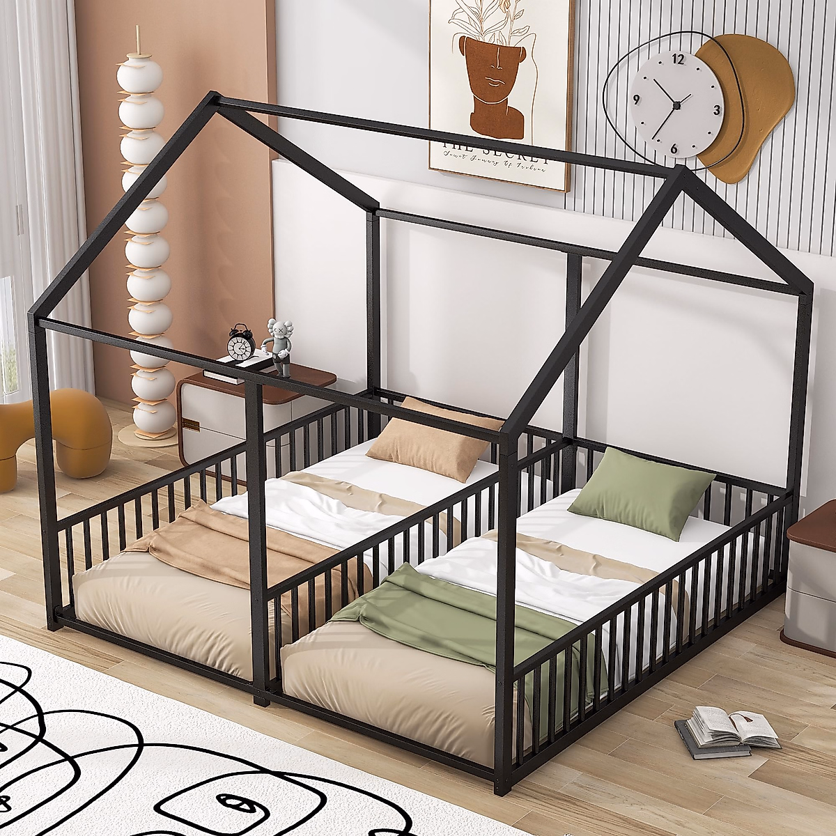 DNYN Twin Size Double Platform Beds with Roof and Fence Deisgn for Kids Bedroom,Sturdy Steel House Shaped Floor Bedframe,No Box Spring Needed & Space Saving,Perfect for Boys and Girls, Black