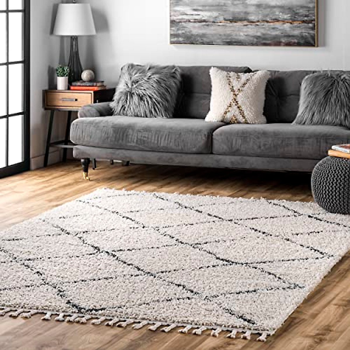 nuLOOM Jessie Moroccan Lattice Tassel Shag Area Rug, 9' 2" x 12', Off-white
