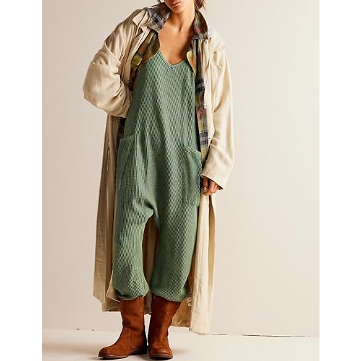 morhuduck Women's Sleeveless Jumpsuits Casual Waffle Knit Rompers V Neck Loose Overalls Spaghetti Strap One Piece Jumpsuits with Pockets,Green S