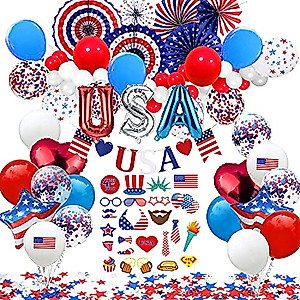 NAIWOXI Patriotic Decorations - American Flag Decorations Included Banner, Paper Fans, Confetti, Photo Booth Props, Garland Balloons, for Presidents Day, Election Day Party, 4th of July Party Supplies