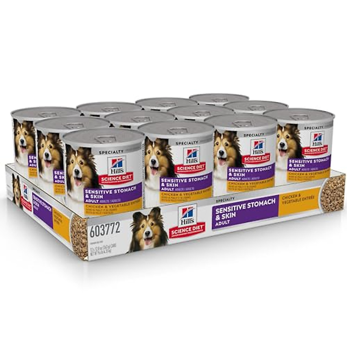 Hill's Science Diet Sensitive Stomach & Skin, Adult 1-6, Stomach & Skin Sensitivity Support, Wet Dog Food, Chicken & Vegetables Loaf, 12.8 oz Can, Case of 12