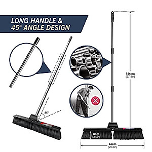 HEVOL Push Broom, 24" Wide Floor Scrub Brush with Stiff Bristles and 57” Long Stainless Steel Handle, Garage Heavy Duty Broom Outdoor Push Broom for Bathroom Kitchen Yard Patio Deck, Black