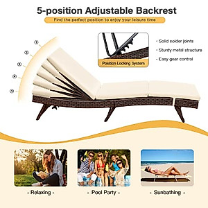 Vicluke Patio Chaise Lounge Chair, Outdoor Rattan Wicker Reclining Chaise with Adjustable Backrest and Removable Cushion, Pool Lounge Chair Sun Lounger for Poolside, Balcony, Garden (1 Piece, Khaki)