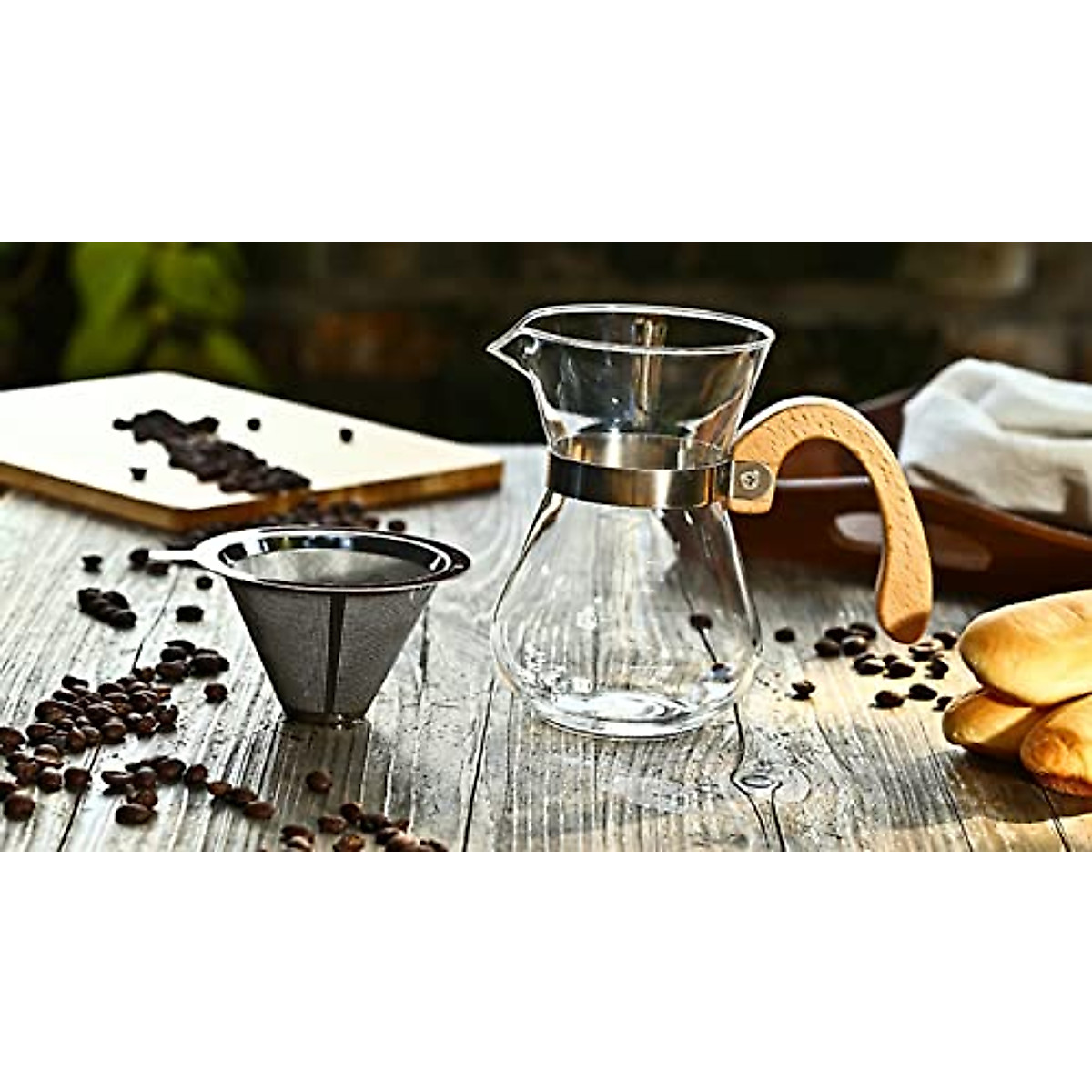 KATKAF Wooden Handle Pour Over Coffee Maker - with Double-layer Paper-free Stainless Steel Filter - Hand Coffee Dripper Brewer Pot - 13.5 Ounce/ 400 ml