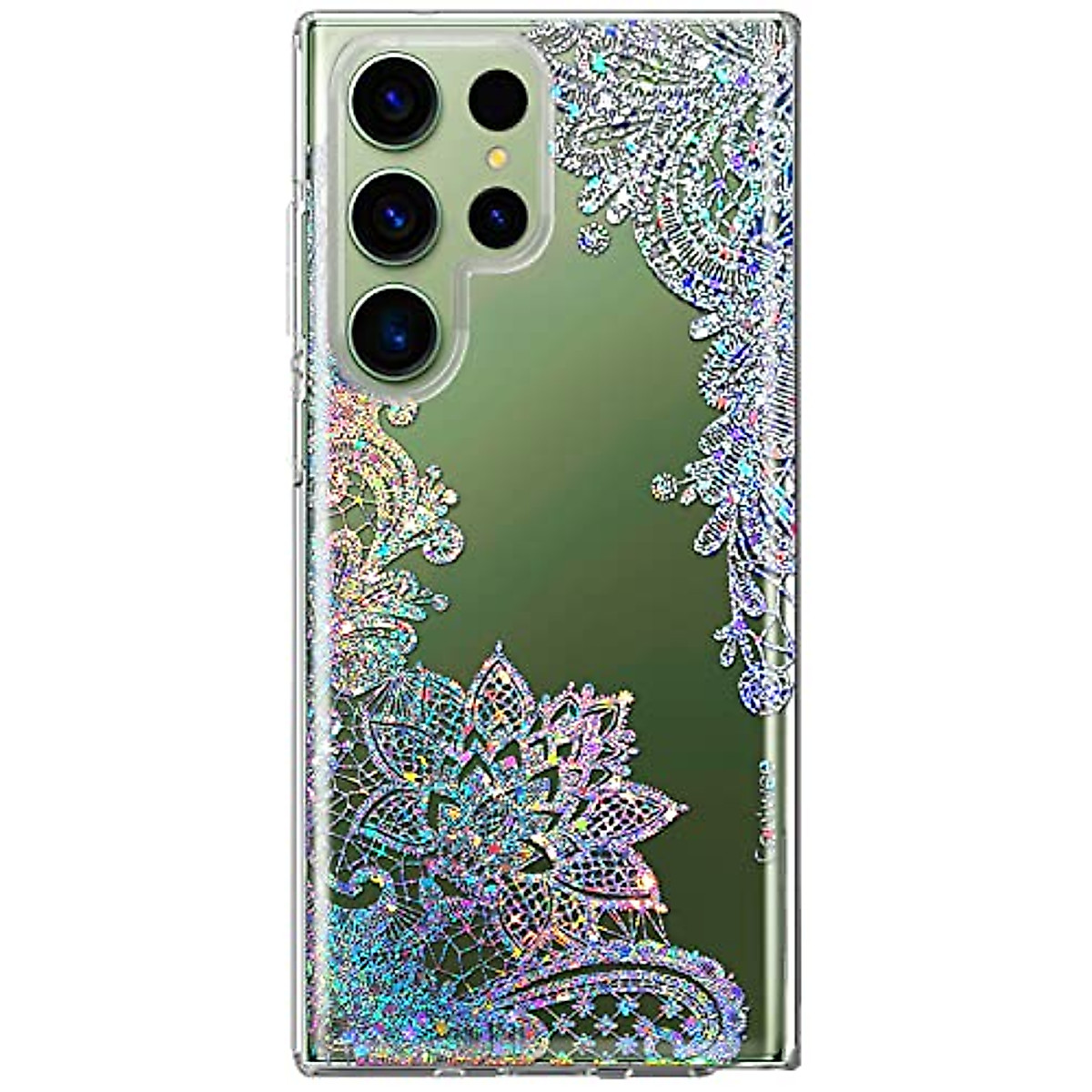 Coolwee Clear Glitter for Galaxy S23 Ultra - 6.8 inch, Thin Flower Slim Cute Crystal Lace Bling Women Girl Floral Hard Back Soft TPU Bumper Protective Cover for Samsung S23 Ultra Mandala Henna