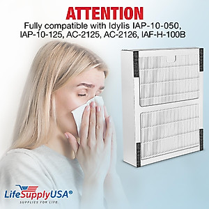 LifeSupplyUSA HEPA Filter Replacement Compatible with Idylis IAP-10-050, IAP-10-125, AC-2125, AC-2126 Air Purifiers, IAF-H-100B (0412558)