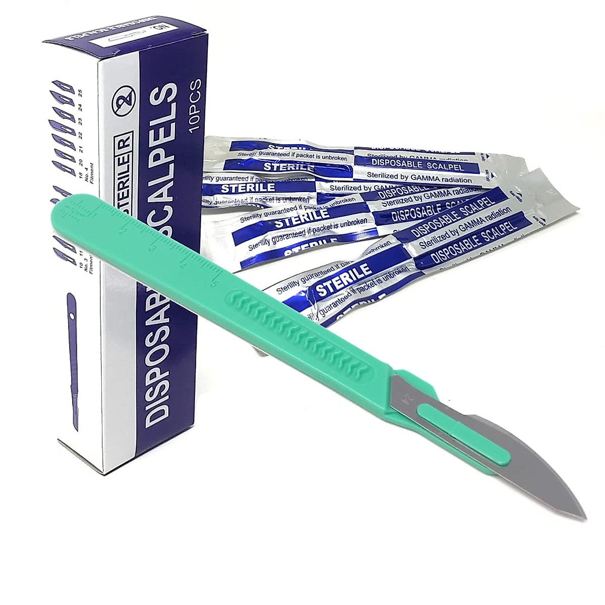 Box of 10 Disposable Surgical Sterile Scalpel Blades #24 Made of Carbon Steel with Sturdy Graduated Plastic Handle for Lab Students, Cutting, Carving, Repairing, Dermaplaning + More