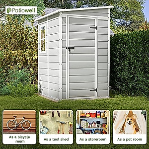 Patiowell 5x4 FT Outdoor Storage Shed, Resin Storage Shed with Floor & Window & Lockable Door for Patio Furniture, Garden Tools and Bicycle, White & Grey