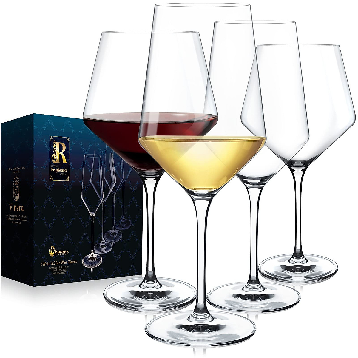 Mainstream Source White and Red Wine Glasses, Modern Renaissance Collection – Contemporary European Style Crystal Wine Glasses for Red Wine & White Wine (2 of Each, 4 Total)