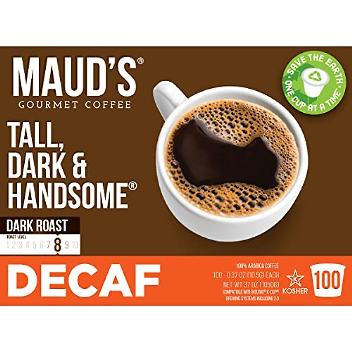 Maud's Dark Roast Decaf Coffee (Decaf Tall Dark and Handsome) 100ct. Solar Energy Produced Recyclable Single Serve Decaf Dark Roast Coffee Pods, 100% Arabica Coffee California Roasted, KCup Compatible