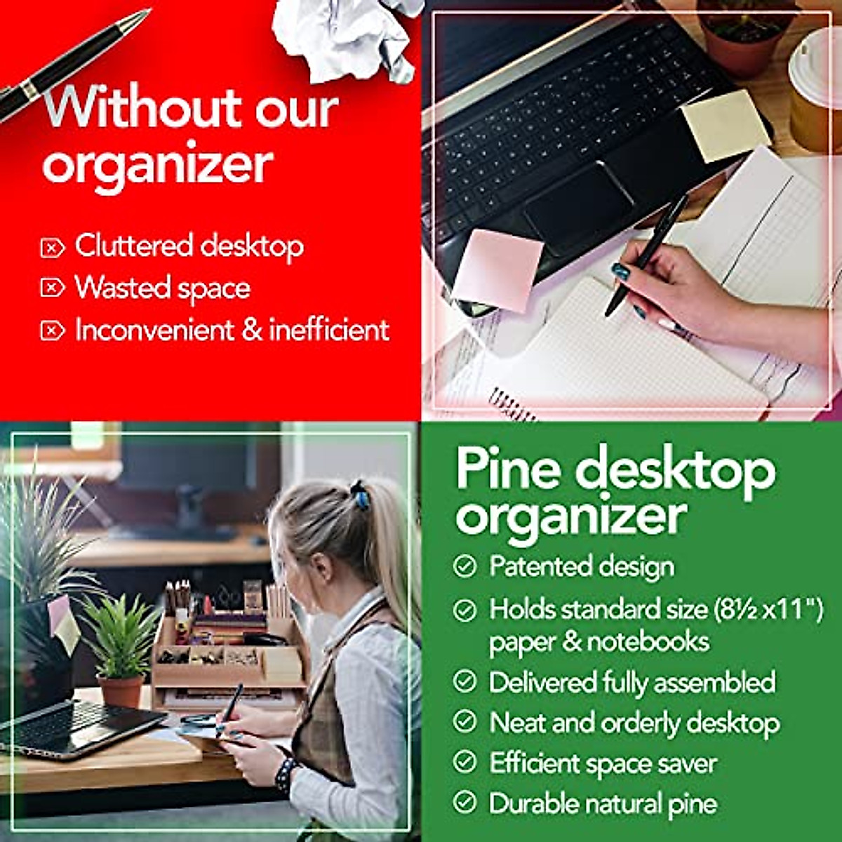 MissionMax Natural Pine Wood Desk Organizer with File Organizer