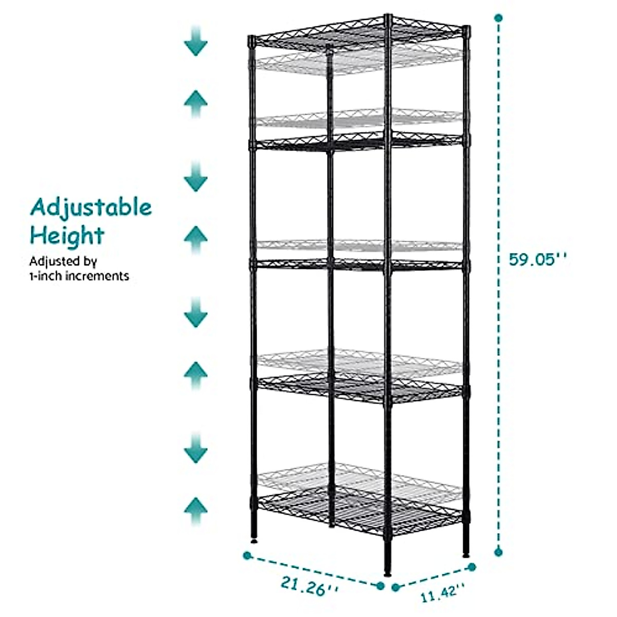 BELANITAS 5 Tier Wire Shelving Unit Adjustable Storage Shelves Heavy Duty Metal Shelf Steel Wire Shelving Rack, 21" L x 11" W x 59" H,Black