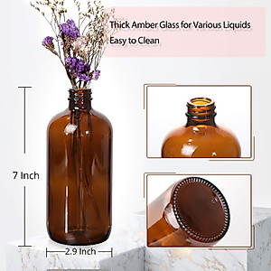 AOZITA [ 12 Pack, 16 OZ ] Glass Amber Bottles with Black Poly Cone Cap & 3 Stainless Steel Funnels & 12 Labels - 480ml Boston Round Sample Bottles, Brown Glass Apothecary Bottles
