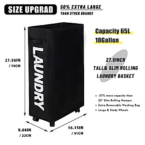 Caroeas Laundry Basket Slim Plus 27.5”,Black Laundry Basket with Wheels, Laundry Hamper with Removable Wash Bag Waterproof Clothes hamper Fabric baskets for laundry