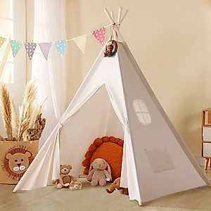 Sumbababy Teepee Tent for Kids with Carry Case, Natural Canvas Teepee Play Tent, Toys for Girls/Boys Indoor & Outdoor Playing (White Teepee Tent)