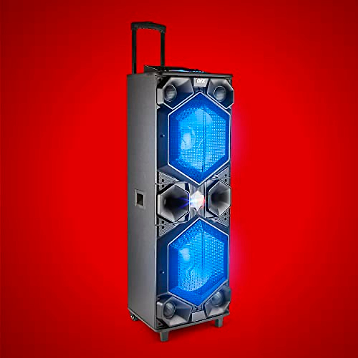 QFX E-1500 Professional Large Bluetooth Speakers | Portable PA Speaker System | Dual 15” Woofers, 1.5” Tweeter, and Party Lights