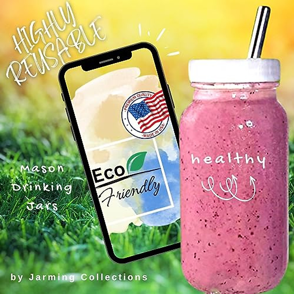 Reusable Smoothie Cup Regular Mouth 24 oz Mason Jar with Wide STAINLESS STEEL Straws Drinking Cups and Lids and Straws- Drinking Lid and BPA Leak Proof Caps by Jarming Collections