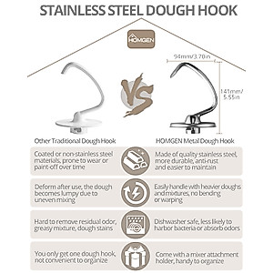 Dough Hook for Kitchenaid Mixer, HOMGEN Original Stainless Steel Spiral Dough Hook Attachment Fit for 4.5-5 QT Bowl Tilt-Head Stand Mixers Rustproof Bread Dough Hook Attachment Support Dishwasher Safe