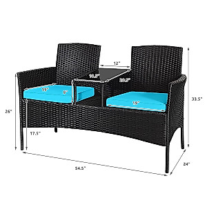 LDAILY Patio Conversation Set, Modern Rattan Loveseat, Outdoor Furniture Set with Removable Cushions & Table, Patio Wicker Sofa Set, Tempered Glass Top, Ideal for Garden Lawn Backyard