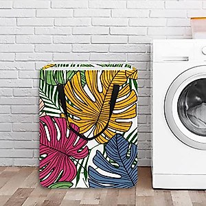 Colored Palm Leaves Print Collapsible Laundry Hamper, 60L Waterproof Laundry Baskets Washing Bin Clothes Toys Storage for Dorm Bathroom Bedroom