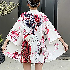 LAI MENG FIVE CATS Women's Floral Print Puff Sleeve Loose Blouse Japanese Kimono Cover up Casual Cute Tops